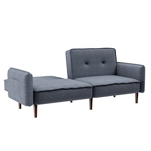 Penifun Convertible Futon Sofa Bed Sleeper Couch Folding Lounge Living Room Linen Upholstered 75 INCH 3 Setaer Loveseat with Armrest & 2 Pillows & 3 Backrest Settings-120°/150°/180°, Gray, Grey