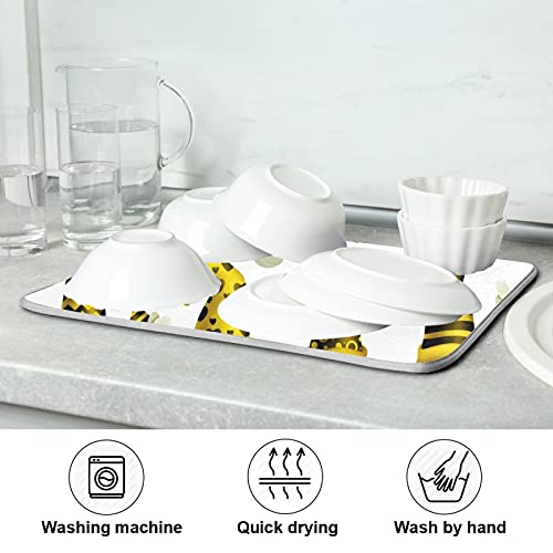 Yellow Gnomes Bee Absorbent Dish Drying Mat Reversible 16"x18",Summer Honey Sweet Drying Pad Protector for Kitchen Counter Sinks Dining Table