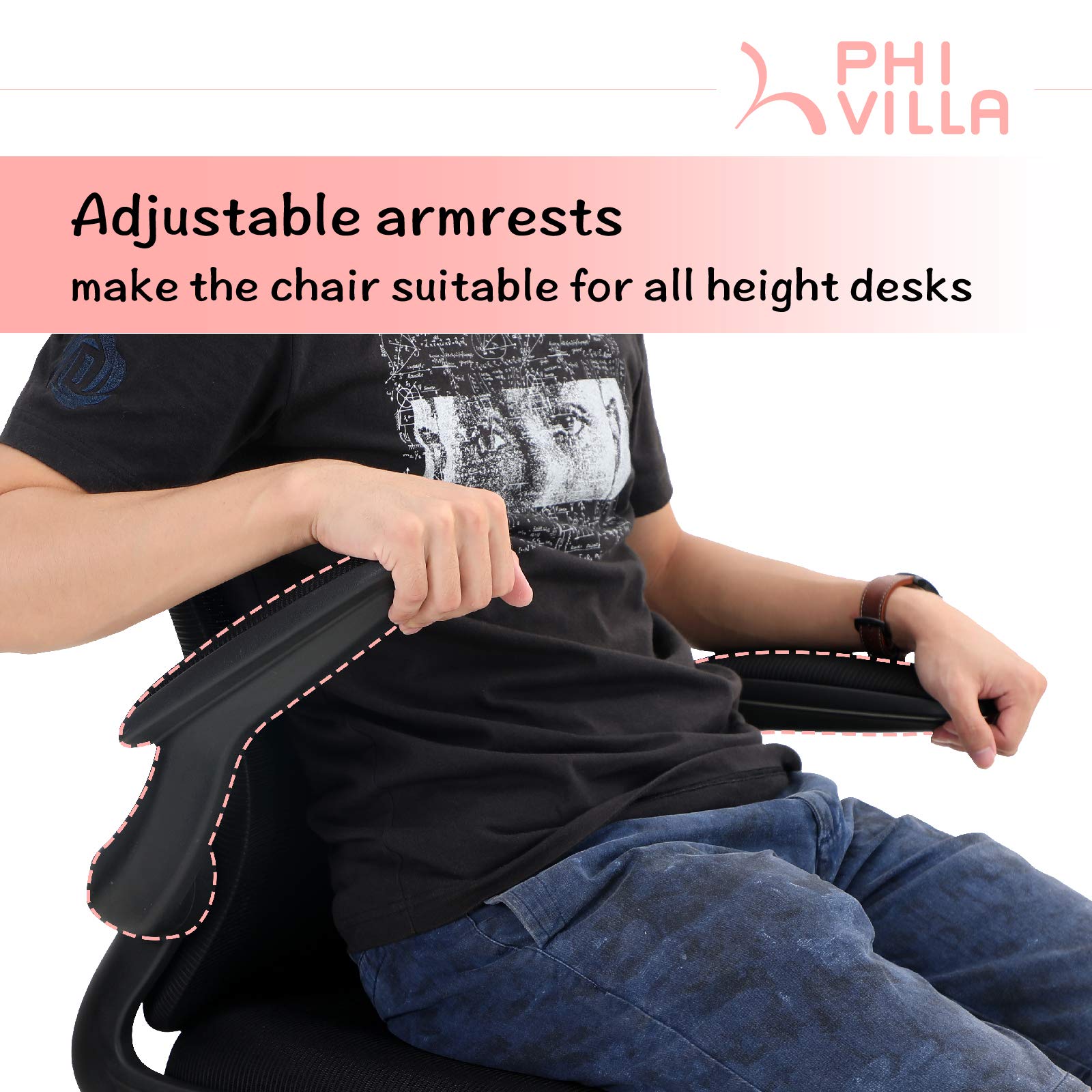 PHI VILLA Office Desk Chairs with Mid Back, Ergonomic Home Office Mesh Desk Chairs with Wheels and Adjustable Armrest,Adjustable Height for Women and Men,Maximum Load Capacity:250 lbs