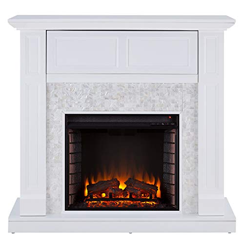SEI Furniture Nobleman Mother of Pearl Tiled Electric Hidden Media Shelf Fireplace, White