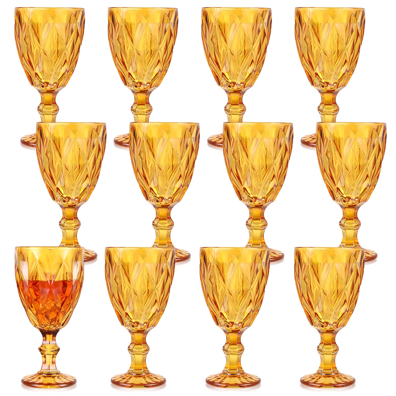 Yinder 12 Pack Glass Goblet Vintage Wine Goblet Embossed Glassware 10 oz Solid Color Glass Goblet for Iced Tea Beverage Stemmed Cups Soda Juice Water Liquor and Party Wedding Bars Restaurants (Amber)
