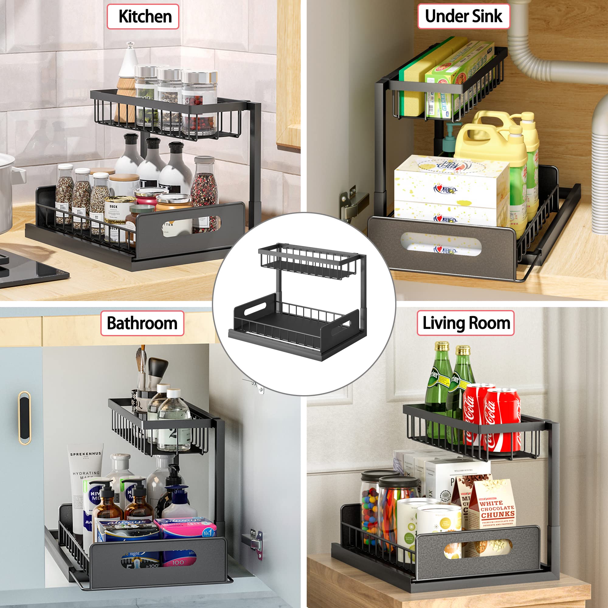 Under Sink Organizers and Storage, Multi-purpose 2-Tier Sliding Cabinet Basket Organizer Drawers, Kitchen Under Bathroom Storage Rack