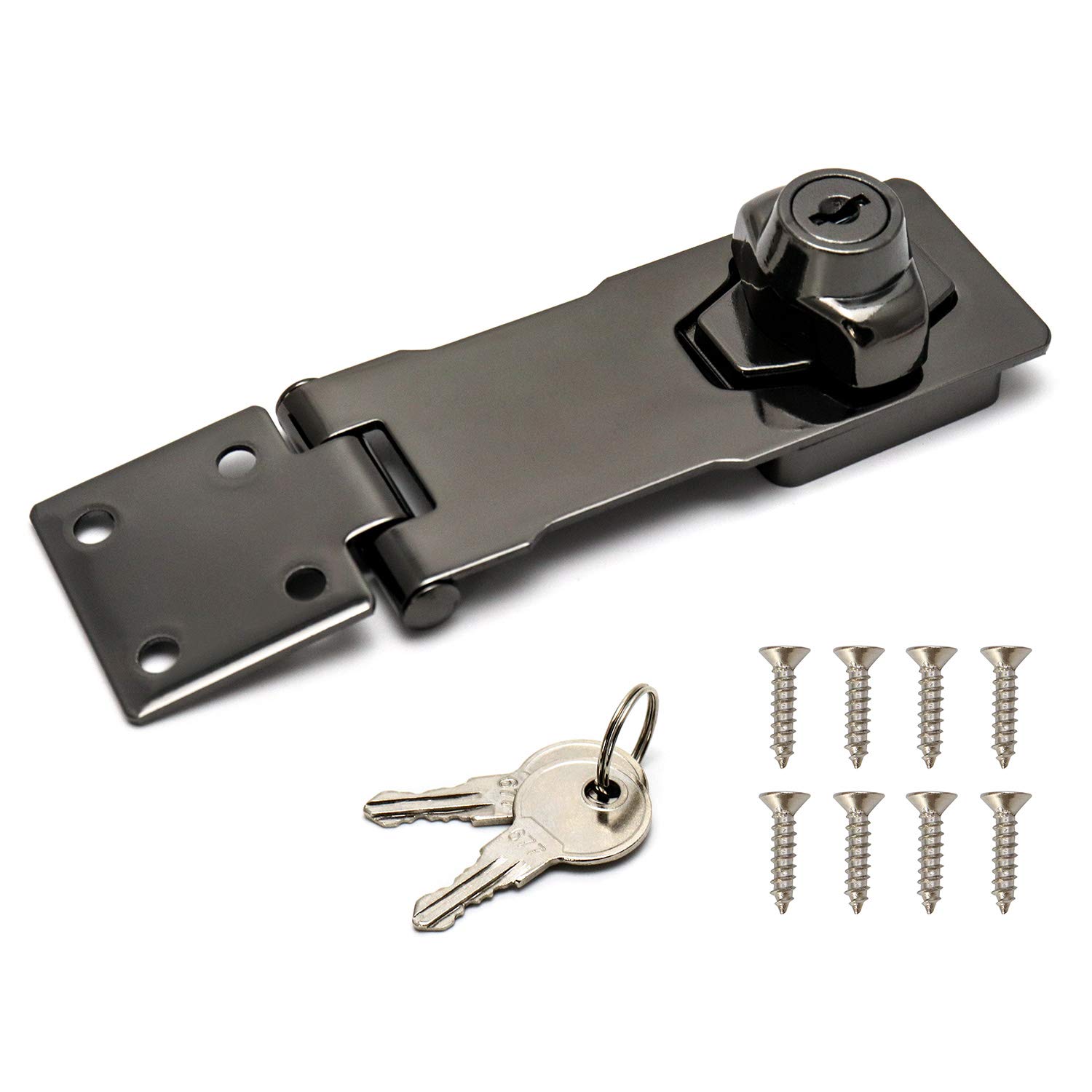 QWORK Keyed Hasp Locks, 4" Twist Knob Cabinet Knob Lock Keyed Locking Latch Safety Lock with Mounting Screws for Cabinets, Drawers, Toolboxes, Mailboxes, Black