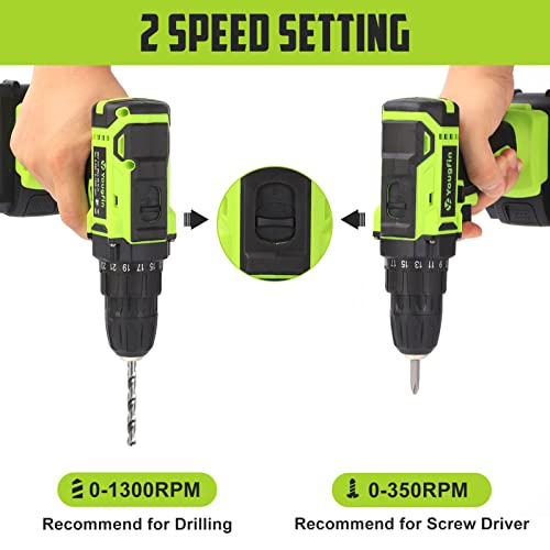 Yougfin Cordless Drill Set, 20V Power Drill Kit with Battery and Charger, 3/8" Keyless Chuck, Variable Speed, 25+1 Torque Setting, 34pcs Accessories Electric Drill Driver