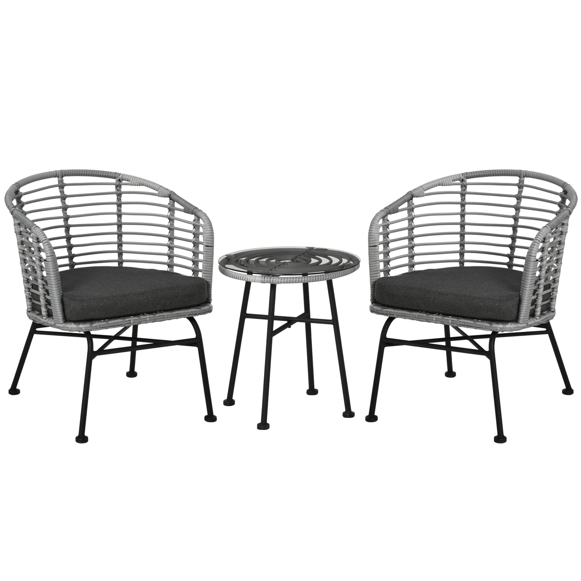 Outsunny 3 Piece Patio Bistro Set, PE Rattan Outdoor Furniture with Cushioned Barrel Chairs & Glass Coffee Table, Conversation Set for Porch, Backyard, Apartment, Balcony, Mixed Gray