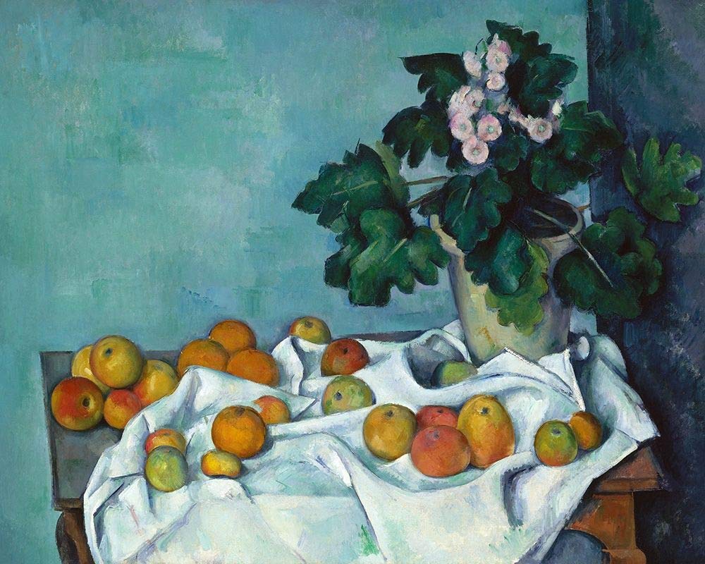 Posterazzi Collection Still Life with Apples and a Pot of Primroses Poster Print by Paul Cezanne (10 x 8)