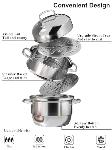 VENTION Large Steamer for Cooking, 3 Tier Steamer Pot, 13 2/5 Inch Stainless Steel Steamer, Steam Pots for Cooking