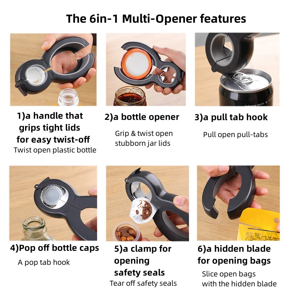 XCZBX 6 in 1 Multi Function Can Opener Bottle,Multi Kitchen Tool for Jelly Jars, Wine, Beer and other, Bottle Opener to Protect the Nail Use for Children, Elderly and Arthritis Sufferers.