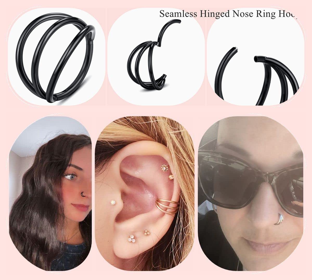 Yrogcu Nose Ring Lip Rings Septum-Clicker : Double Ring with Zicron Silver Ring 20G 10mm 316L Surgical Steel Sleeper Earring Helix Rook Conch Cartilage Daith Tragus Earrings Nose Piercing Jewelry