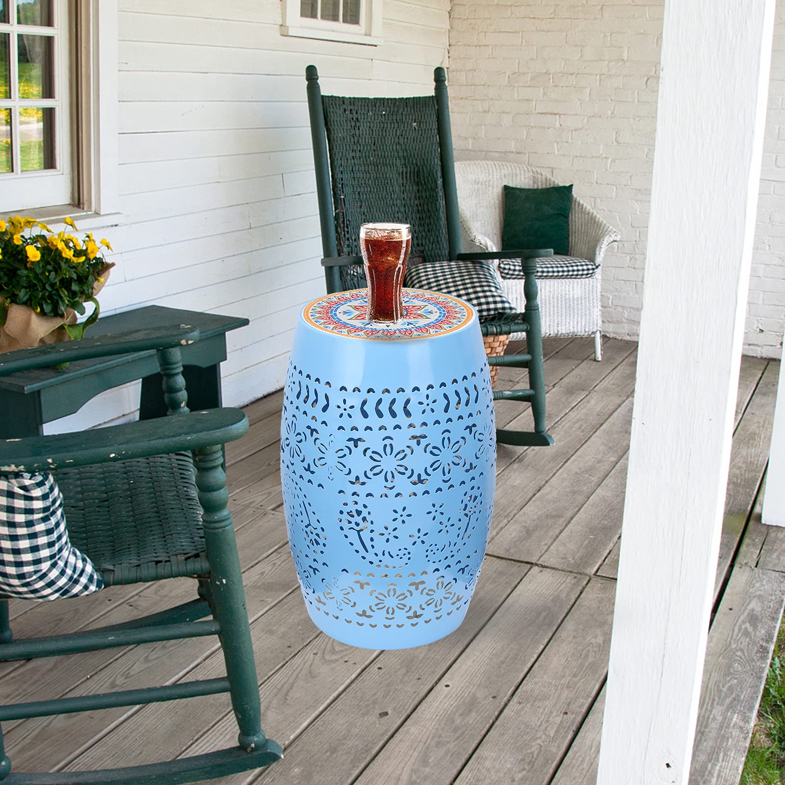 Patio Accent Table Outdoor Mosaic Side Table Metal End Table Lace Cut Outside SideTable with Tile Top Outdoor Coffee Table Garden Stool
