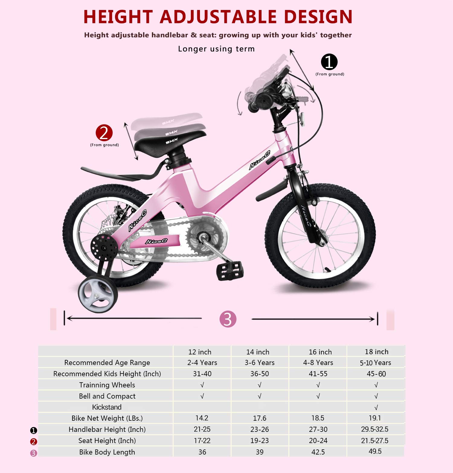 NiceC Kids BMX Bike, Princess Pink, 14 inch, Adjustable, Training Wheels Included
