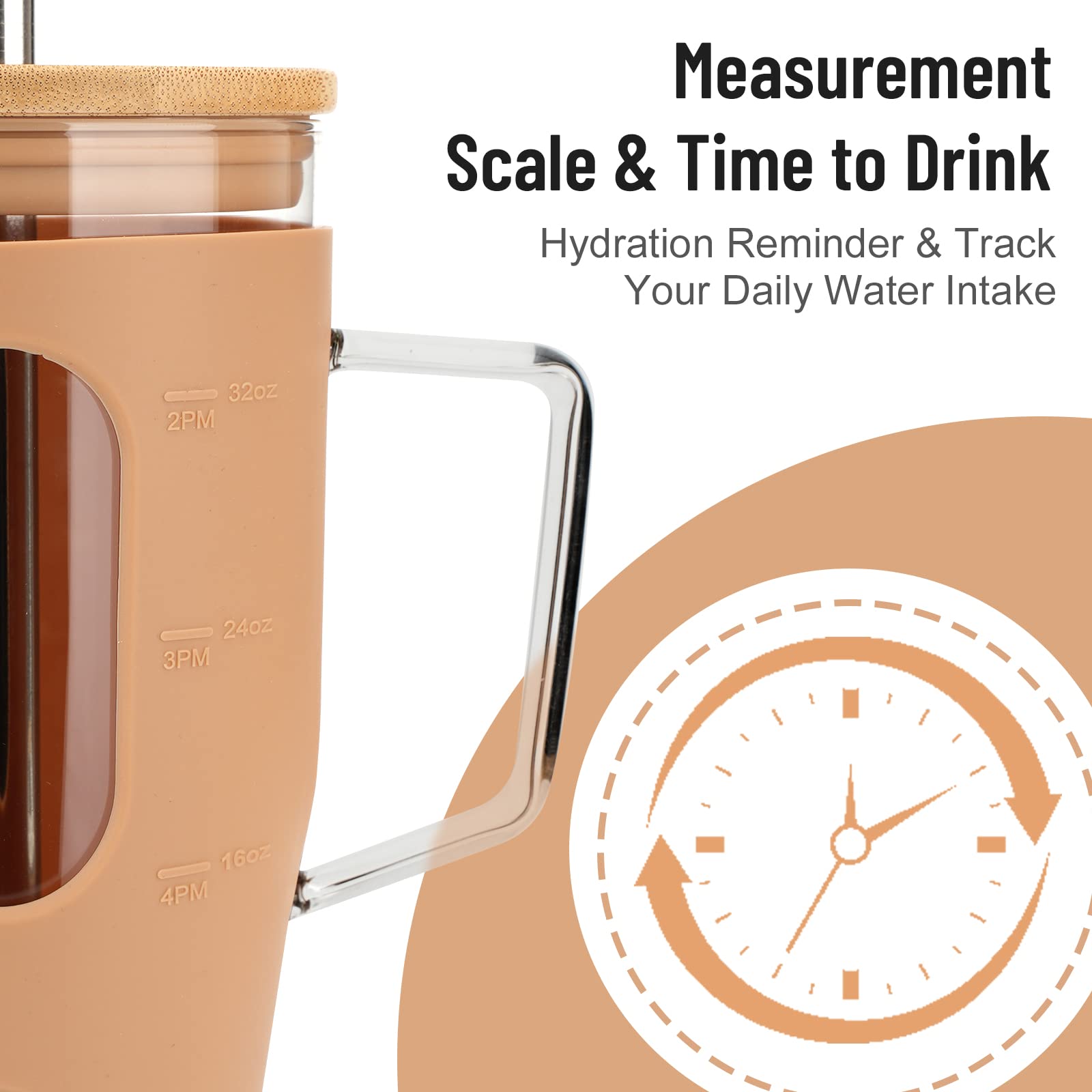 Zukro 40 oz Glass Tumbler with Handle and Wide Straw, Drinking Cup With Bamboo Lid For Water, Iced Coffee, Time Marker to Dink, Large Smoothie Cup with Silicone Sleeve, BPA Free, Fit Cupholder, Khaki