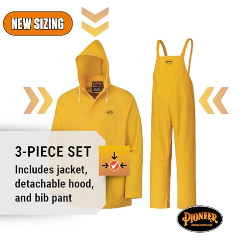 Pioneer Waterproof PVC Work Suit for Men – Repel Rain Gear Yellow Safety Jacket and Bib Pants - 3 PC Set With Detectable Hood