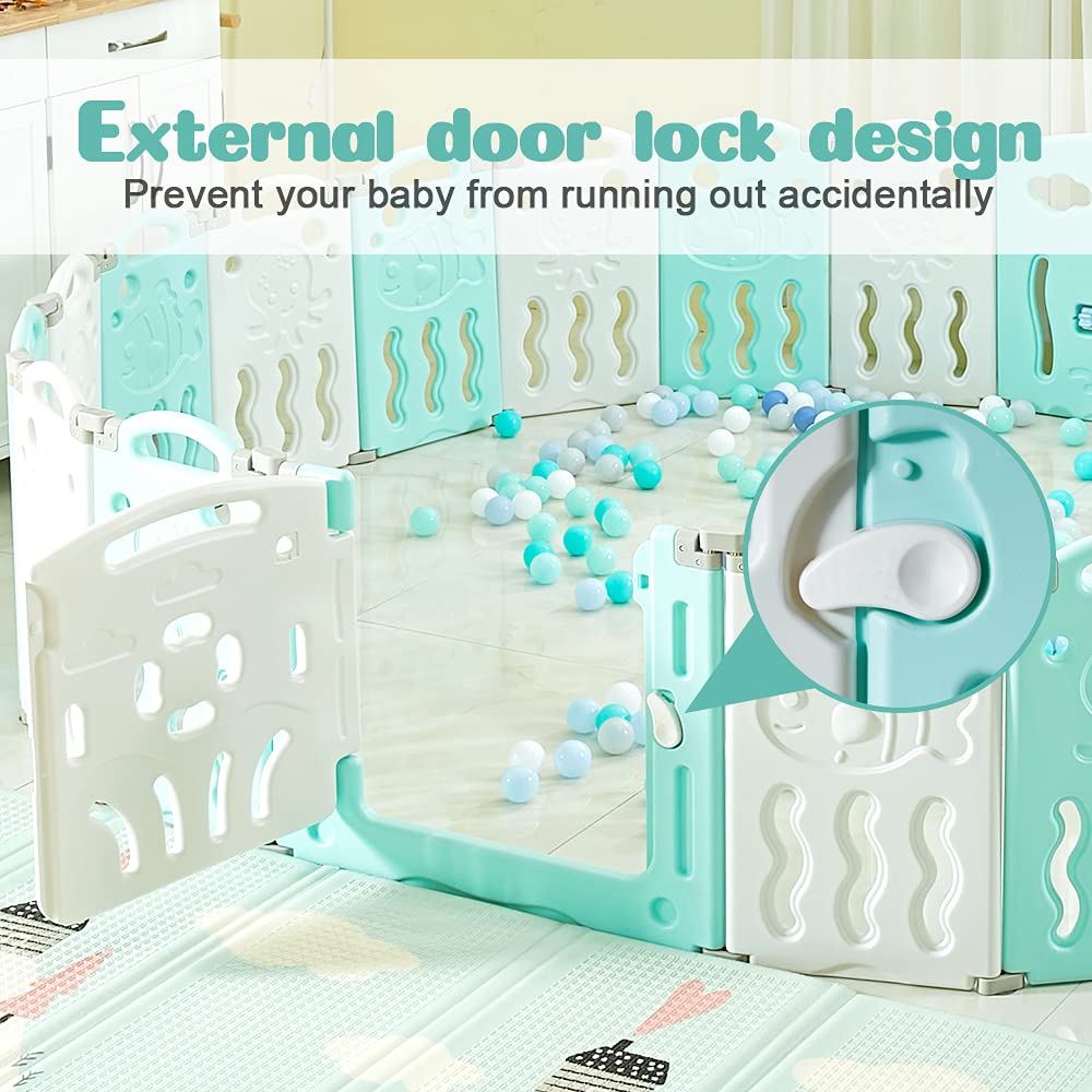 Play Yard Baby Playpen 14 Panels Foldable - Kids Safety Play Center Yard Game Panel and Gate with Safety Lock Adjustable Shape for Children Toddlers Indoors and Outdoors 25 Sq Ft(Blue+White)