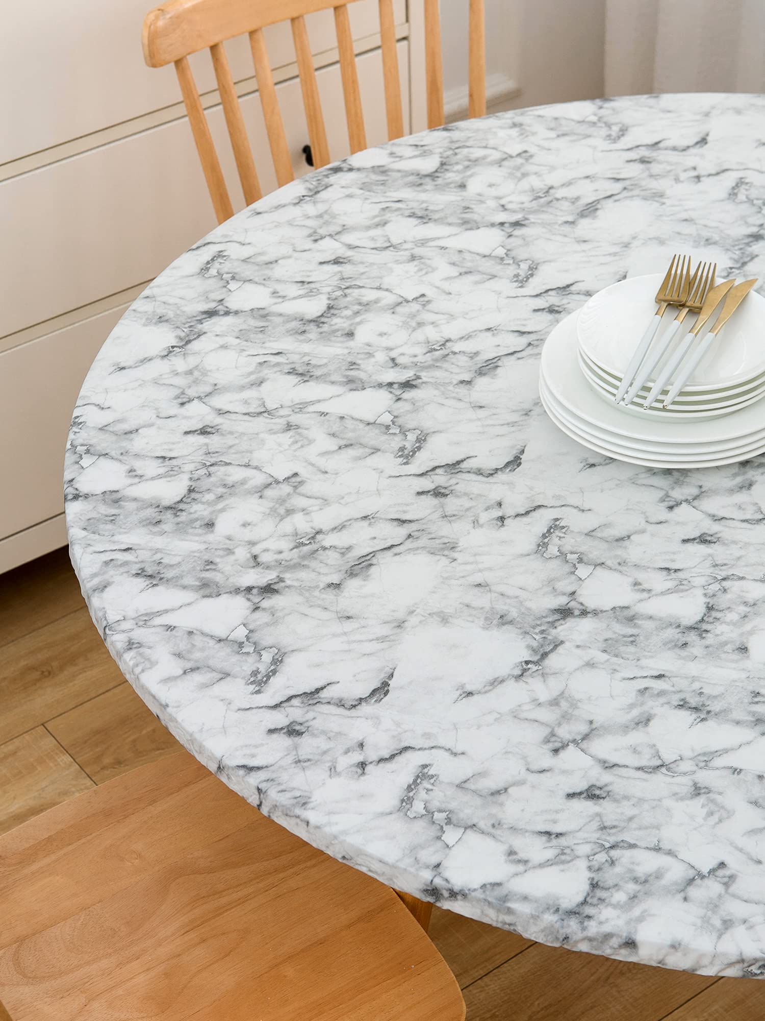 Round Vinyl Fitted Tablecloth with Flannel Backing Elastic Table Cloth Waterproof Oil-Proof Plastic Table Cover