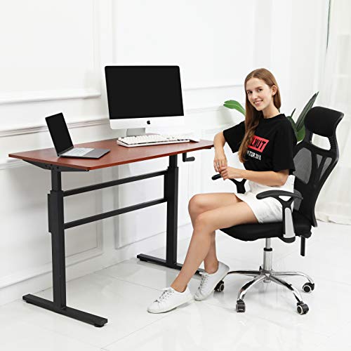 SDADI Crank Adjustable Height Standing Desk - Sit to Stand up Desk, Home Office Desk Computer Workstation, Black Frame/Jujube Red Top