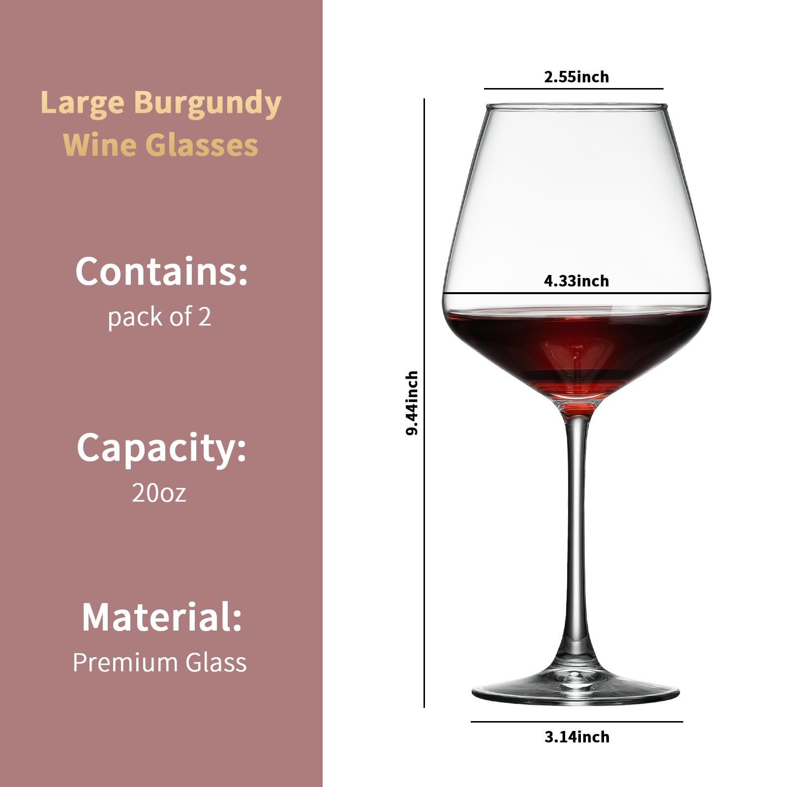 PTSTING Wine Glasses 20oz Clear Burgundy Red Wine Glass Large Wine Glass Set of 2 for Wine Tasting, Wedding Gift, Anniversary, Christmas, Birthday
