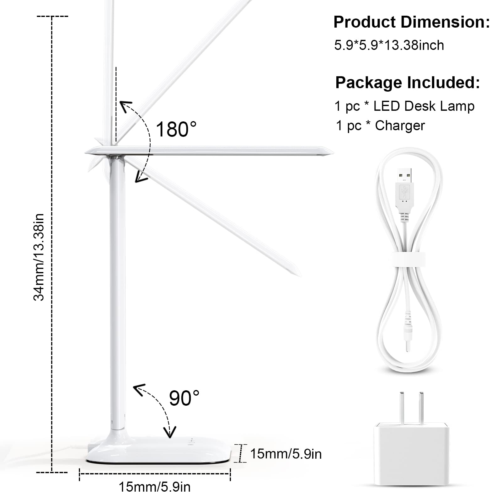 RensanR LED Desk Lamp, Desk Light with USB Charging Port, 3 Color Modes, 5 Brightness Level, Dimmable Table Lamp Reading Lamp, Sensitive Control,Eye-Caring Office Lamp