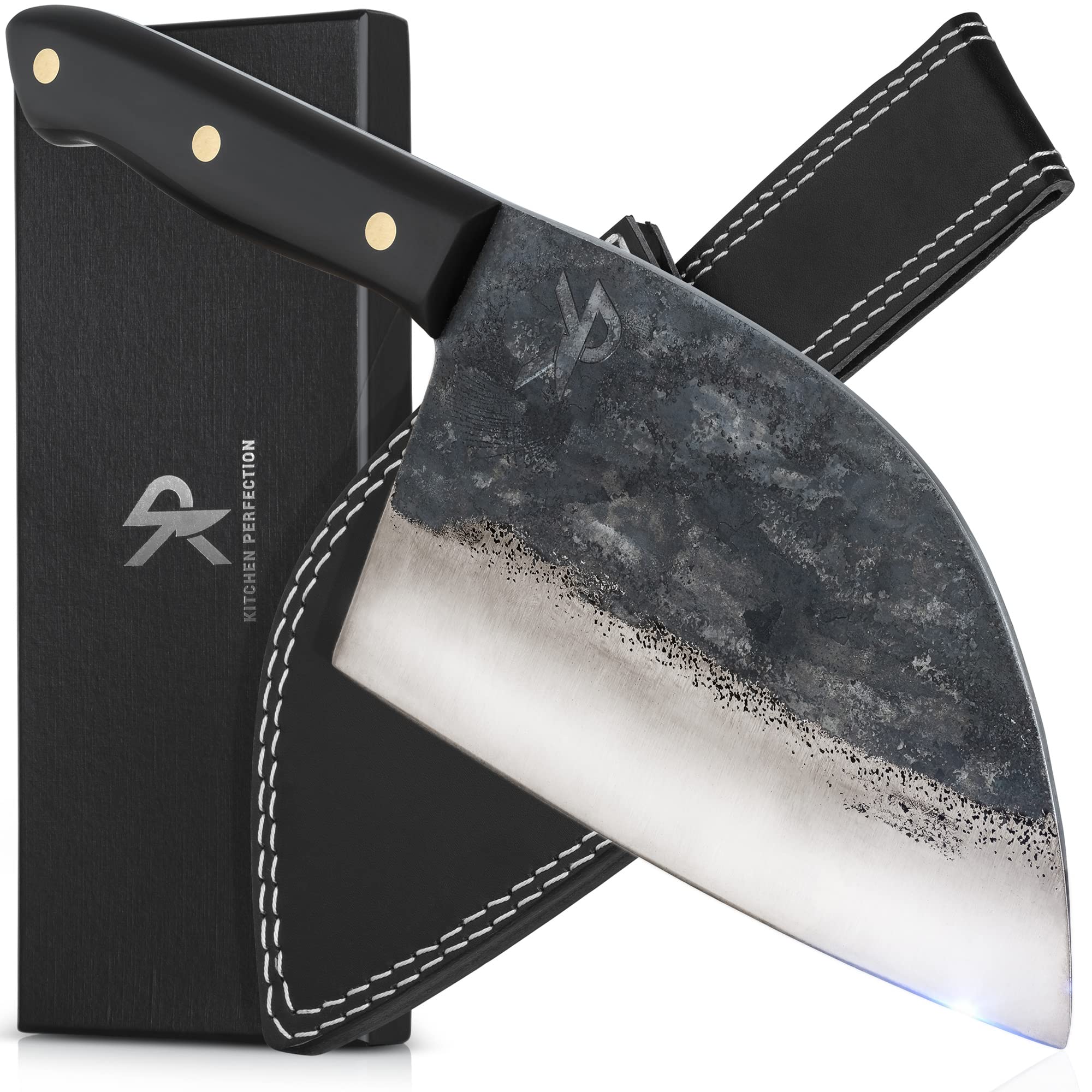 XL Aqua Silicone Smoker Oven Gloves + Meat Cleaver Kitchen Knife -Professional 7" Serbian Chef Knife