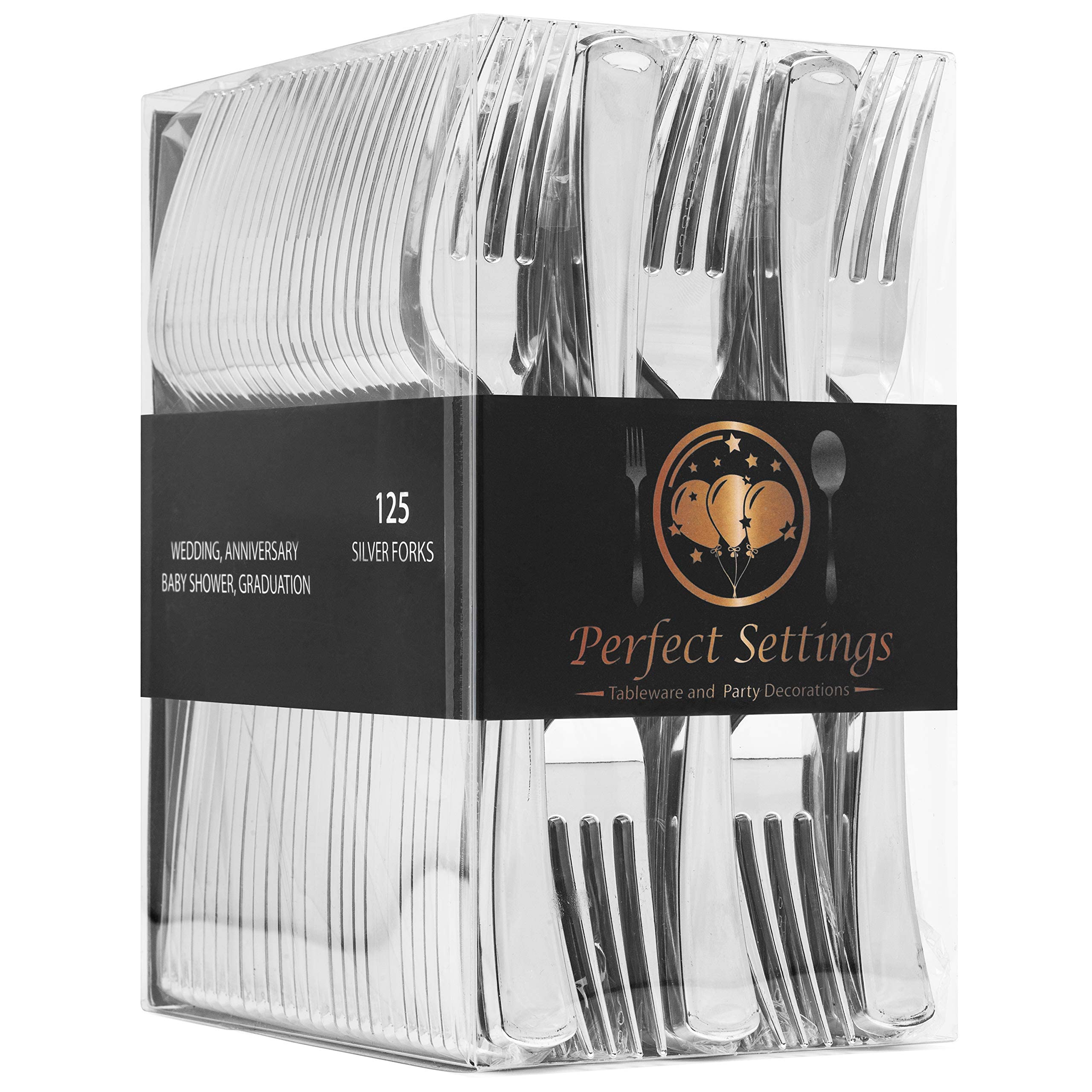 Perfect Settings 125 Gold Plastic Forks Cutlery - Polished Disposable Fork Silverware Set Heavy Duty Elegant Design Fancy Flatware - Events Weddings and Parties 125 Dessert Forks (GOLD, 125)