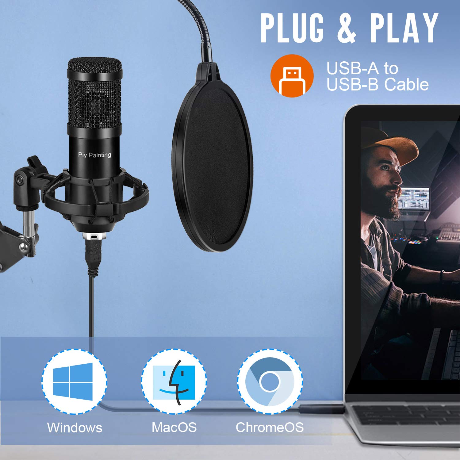 Piy Painting USB Microphone Kit, Condenser Microphone Kit with 192KHZ/24Bit Studio Mic Sound Chipset Scissor Arm, Plug & Play Recording Microphone for PC Gaming Streaming Podcasting