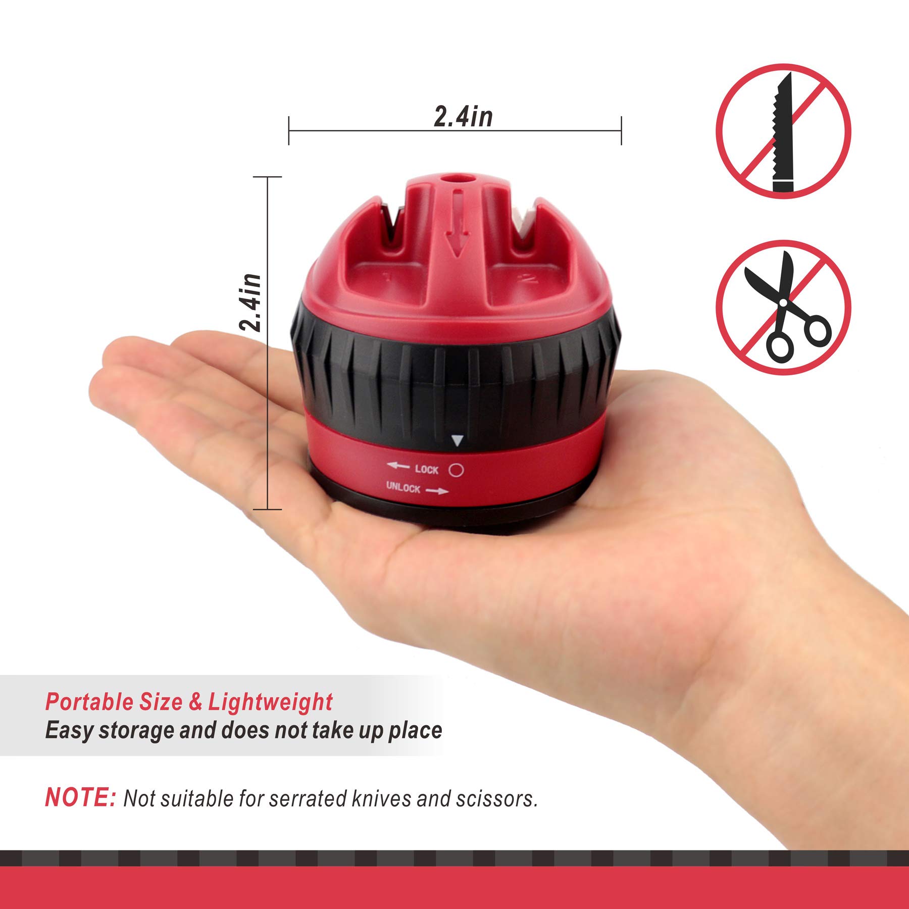 Safest Knife Sharpener, One-Hand-Done-Sharpening Non Slip with Suction Cup, Premium Knife Sharpen Tool for Straight Smooth Blades Knives, Quick and Easy Kitchen Manual Sharpening for Razor Sharp,Red