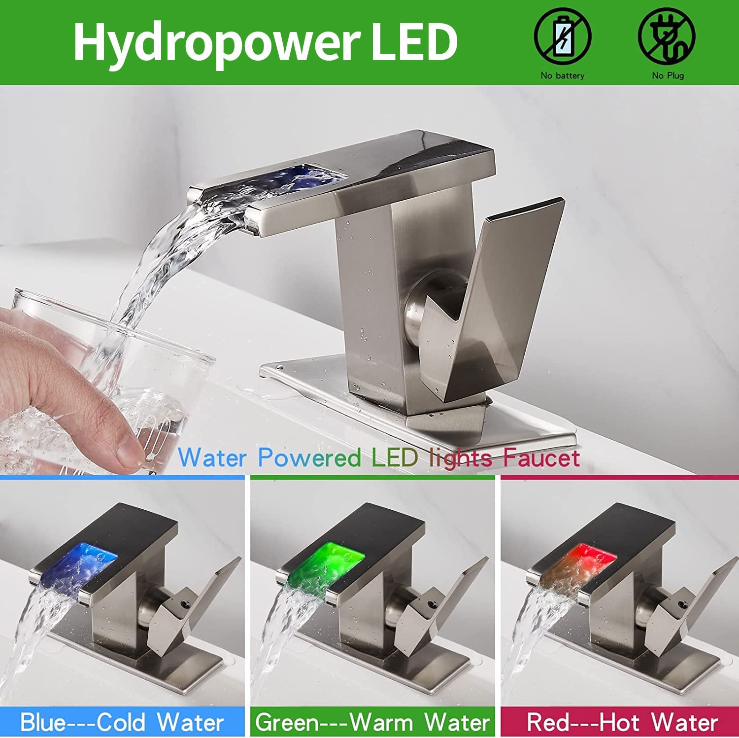 Skybathjoy LED Bathroom Sink Faucet Waterfall with Drian Assembly 1 Hole Brushed Nickel Single Hole Handle RV Bath Vanity Faucets for Sinks 1 Hole Water Supply Lines, Stainless Steel Spout