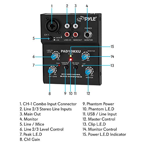 Pyle 2-Channel Audio Mixer - DJ Sound Controller Interface with USB Soundcard for PC Recording, XLR and 3.5mm Microphone Jack, 18V Power (Renewed)