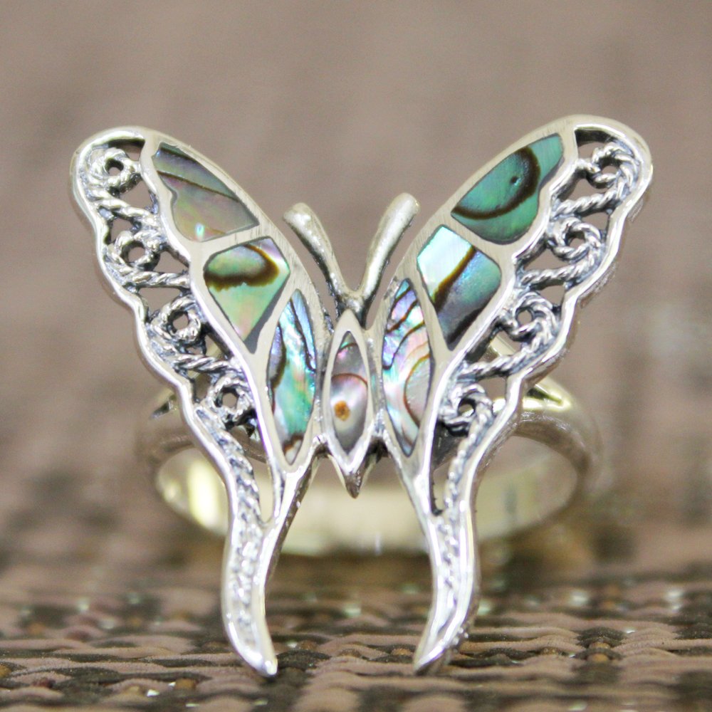 Oxford Diamond Co Simulated Abalone Butterfly .925 Sterling Silver Ring Size 11