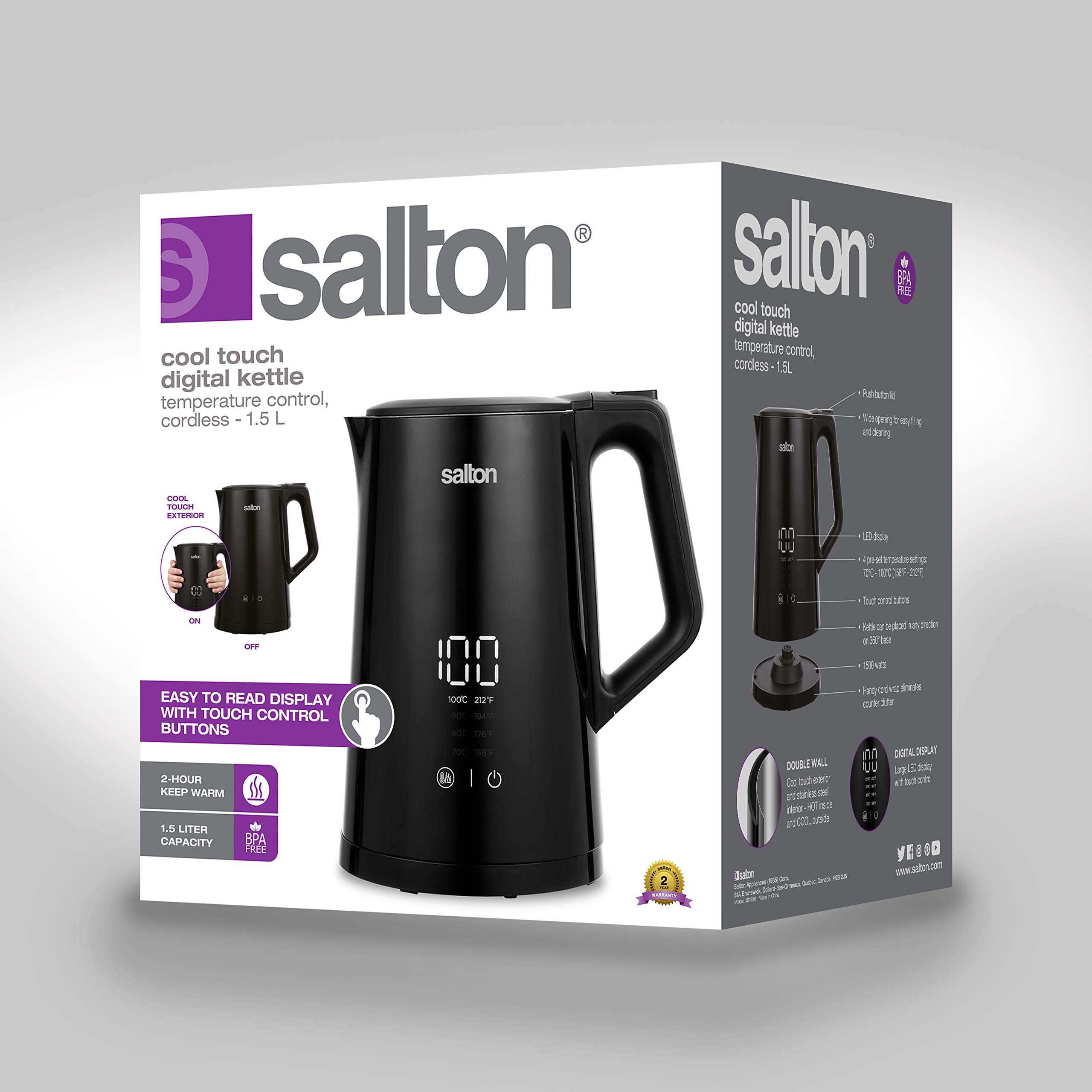 Salton JK1956 Cool Touch Digital Temperature Control, 1.5 L Electric Kettle, Black