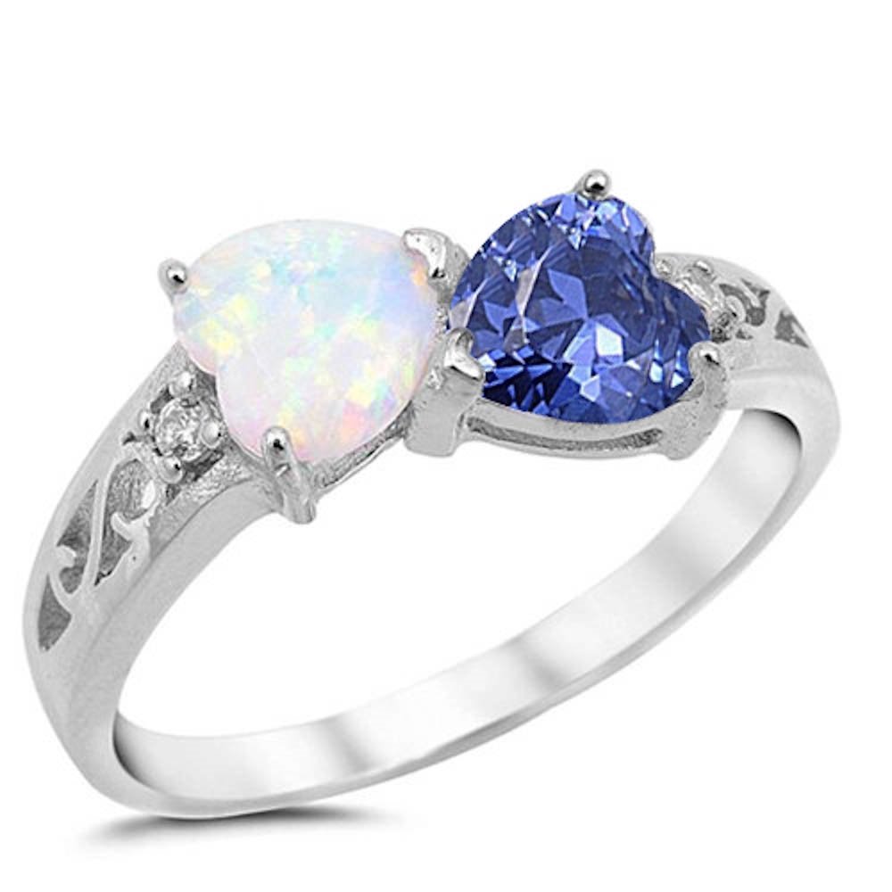 Oxford Diamond Co Lab Created White Opal & Simulated Tanzanite Heart .925 Sterling Silver Ring Size 10