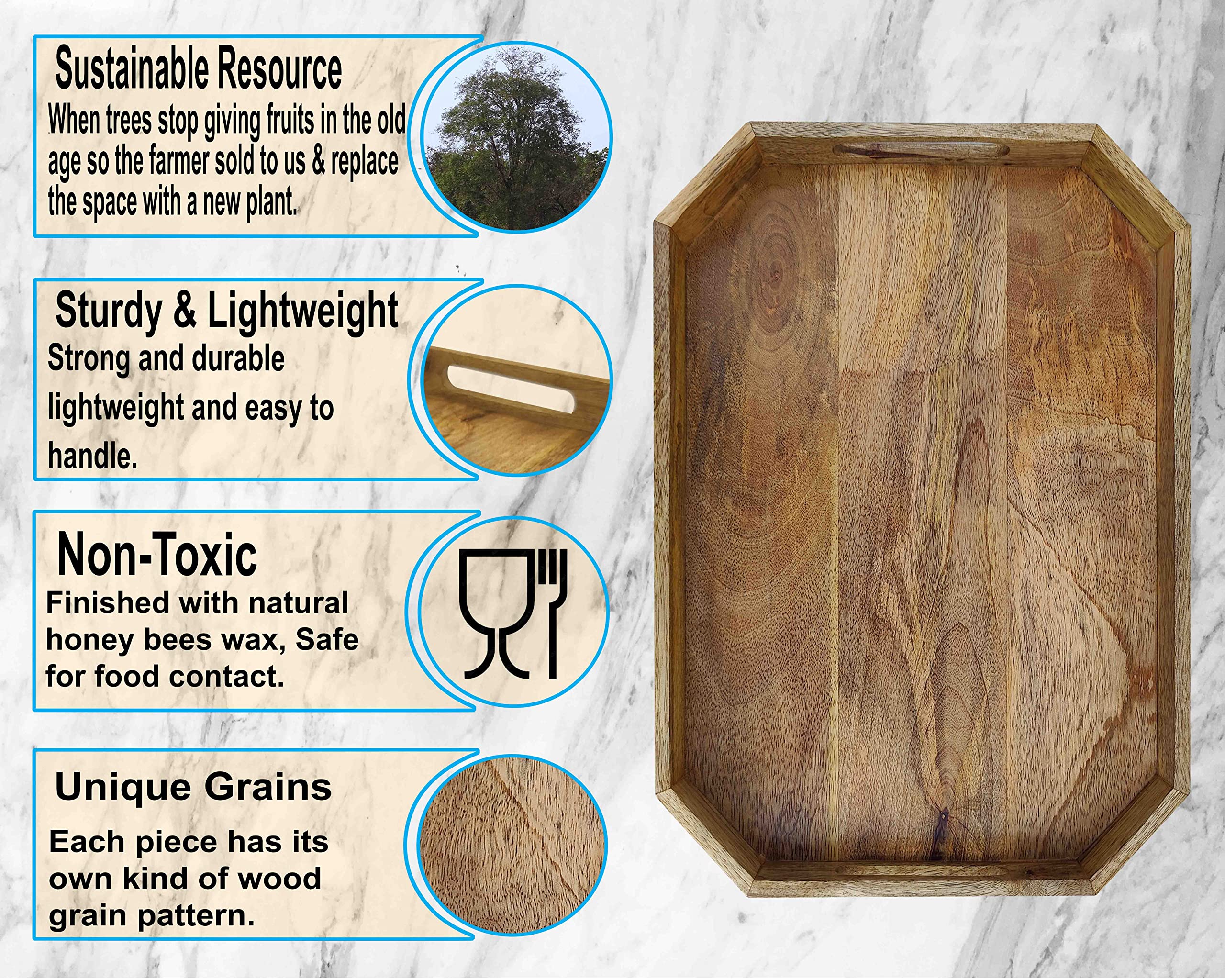 Wooden Serving Tray with Handles | Wood Bathroom Organizer Tray | Decorative | Food Safe | Water Resistant | Natural Solid Wood | Bathroom Organiser Tray