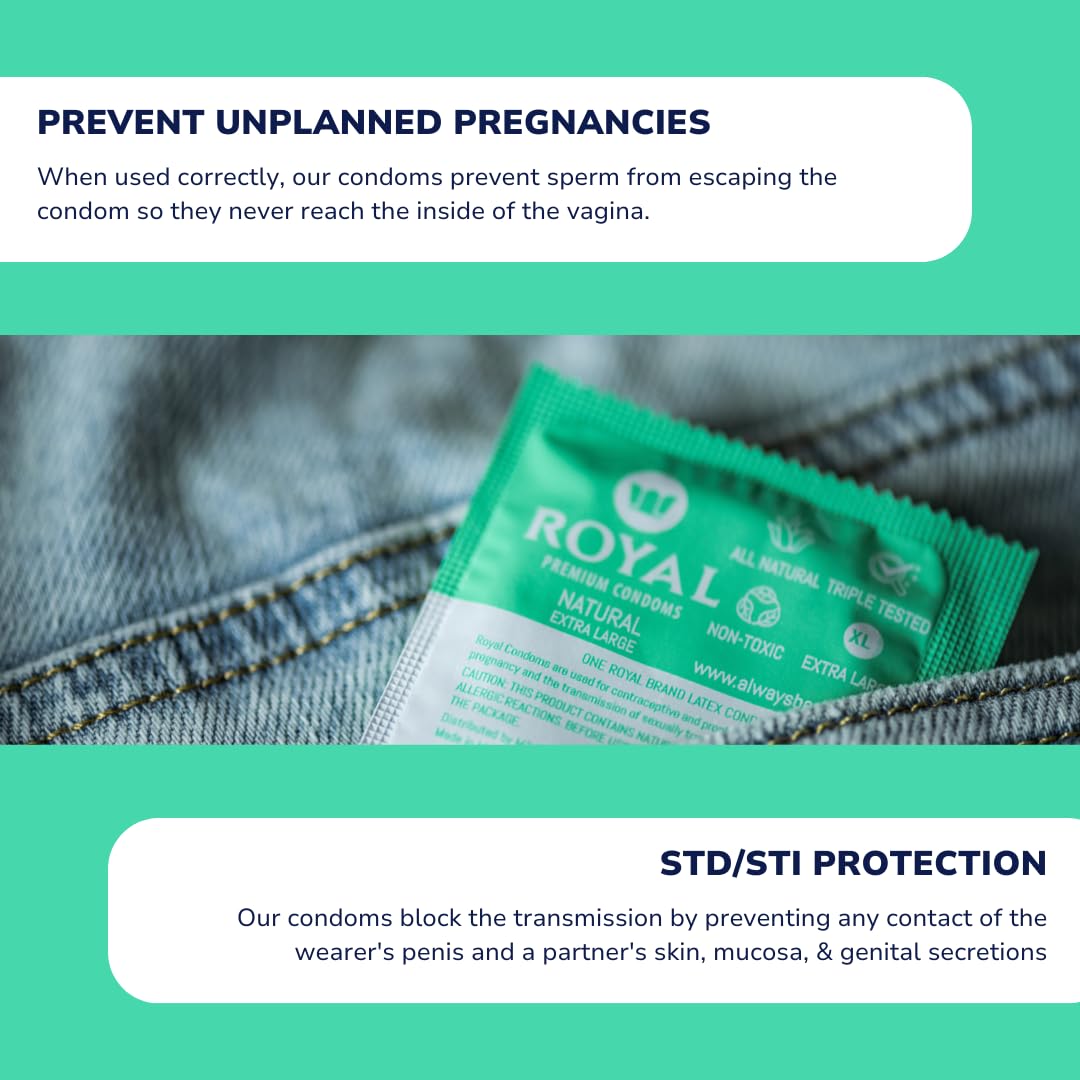 Royal Extra Large Ultra Thin Vegan Condoms for Men - Premium Lubricated Natural Condom - Unflavored Lubricant, Organic Latex - Odorless, Snug, Natural Feel - Safe & Durable - 10 Pack