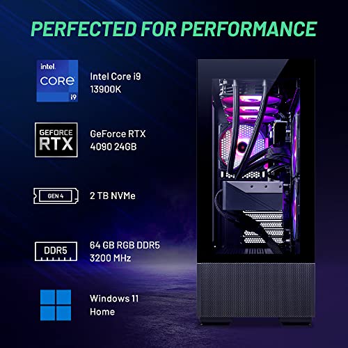 Skytech Gaming Azure Gaming PC Desktop β Intel Core i9 13900K 3.0 GHz, NVIDIA RTX 4090, 2TB NVME Gen4 SSD, 64GB DDR5 RAM RGB, 1000W Gold PCIE 5.0 PSU, 360mm AIO, 11AC Wi-Fi, Windows 11 Home 64-bit