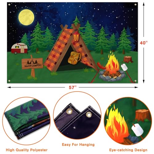 Vansolinne Camping Party Decorations Camping Adventure Happy Camper Night Forest Campfire Tent Scene Backdrop Banner & Balloons Garland Kit, Theme Birthday Classroom Decor Background Photo Props
