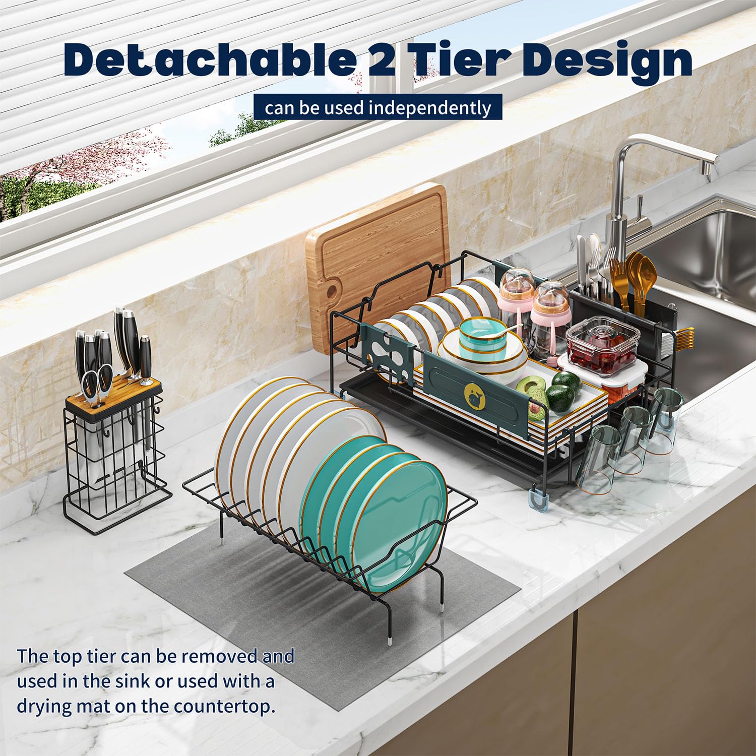 slhsy Dish Drying Rack for Kitchen Counter,Detachable 2 Tier Stainless Steel Dish Strainers with Utensil/Cup/Cutting-Board Holder and Knife Block Rust-Proof Dish Drainer,Black