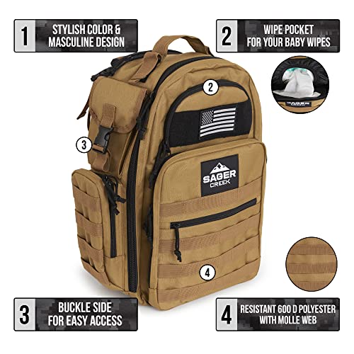 Sager Creek Dad Diaper Bag Backpack with Changing Pad. Waterproof Military Diaper Backpack for Men w/Insulated Compartment (Brown)