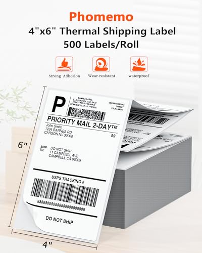 Phomemo 4x6 Thermal Direct Shipping Label, 4''x 6'' Fan-Fold Labels, Compatible with Rollo, MUNBYN, Zebra, Fargo Label Printer, 1 Pack of 500 Labels