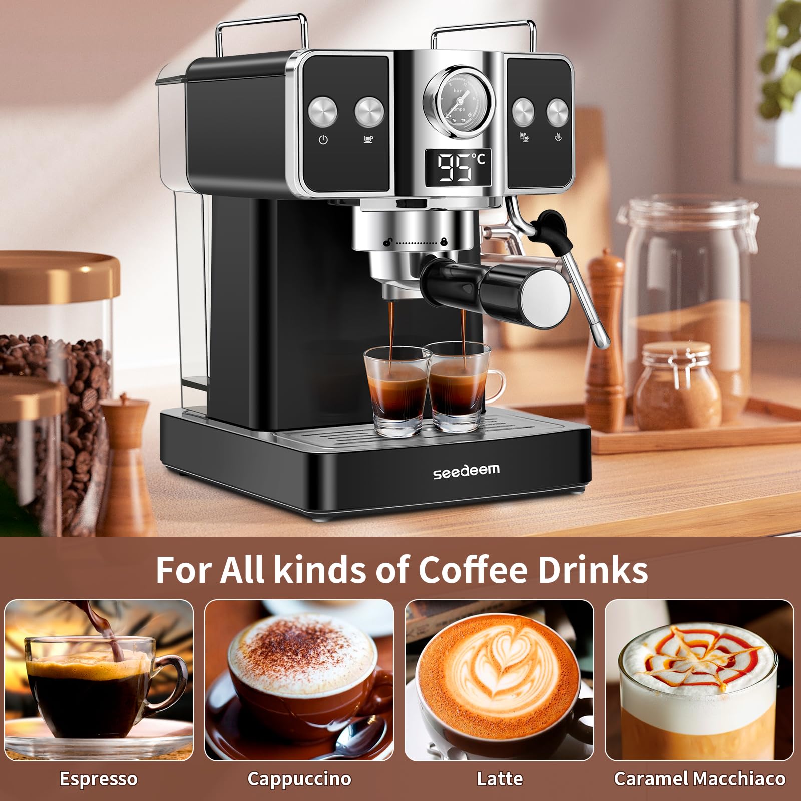 SEEDEEM Espresso Machine,20 Bar Espresso Maker with Milk Frother,Stainless Steel Latte and Cappuccino Machine with 1.8L(60 Fl Oz) Removable Water Tank