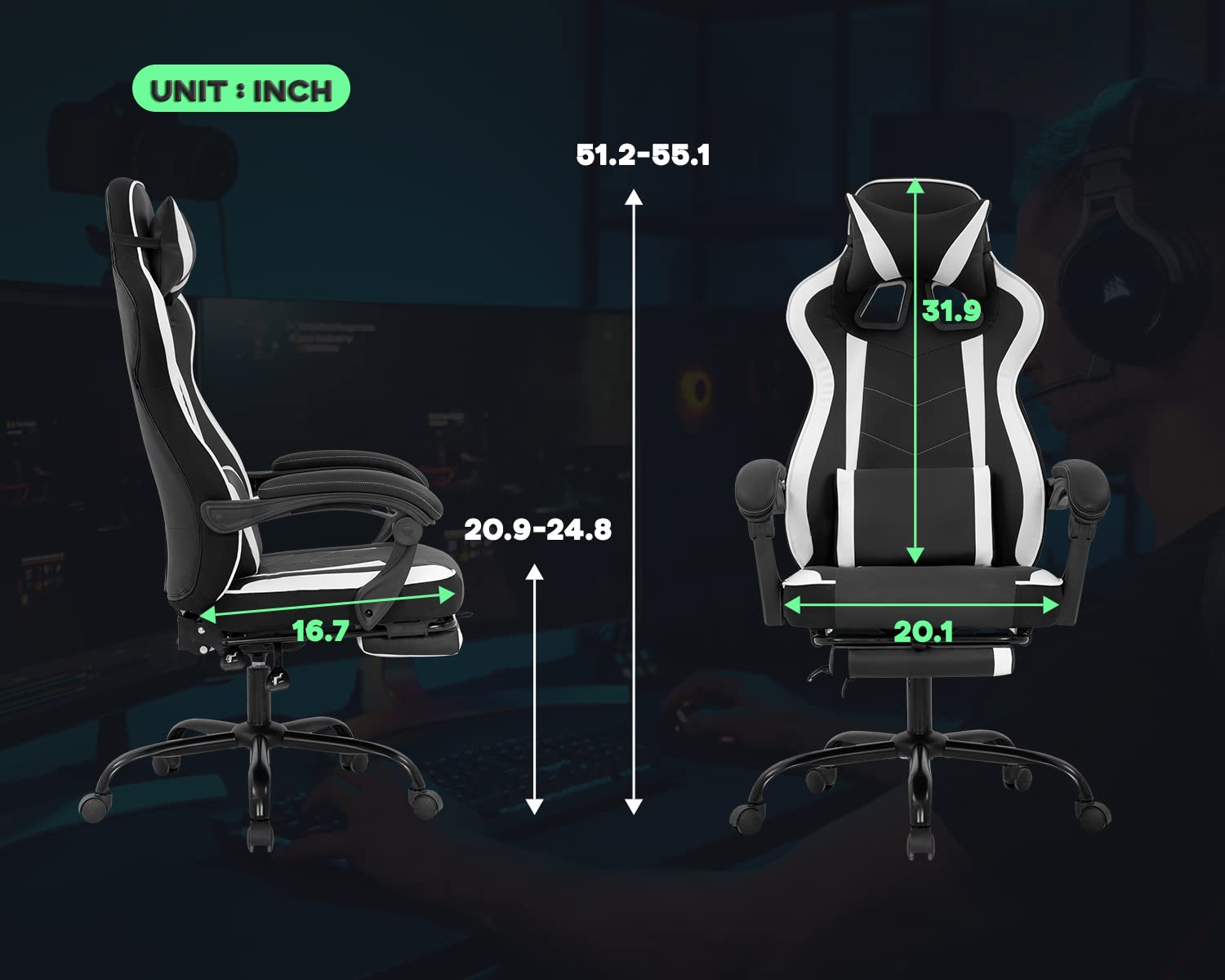 PC Gaming Chair Home Office Chair Racing Computer Chair with Lumbar Support Reclining Armrest Foot Rest Rolling Swivel PU Leather Ergonomic Task Desk Chair(White)