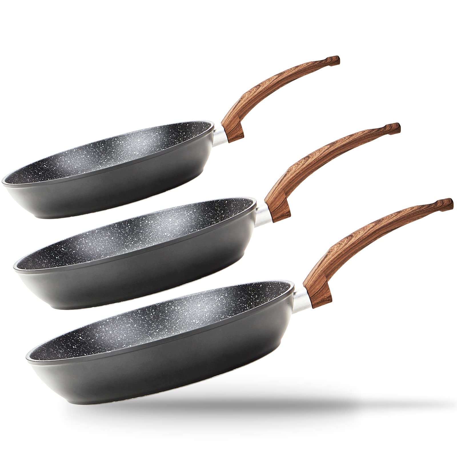 Vkoocy Non Stick Frying Pan Skillet Set, 8" 9.5" 11" Nonstick Pan Set Induction Cookware Set Omelet Pans, Granite Stone Chef's Pan, Black Kitchen Pan Set