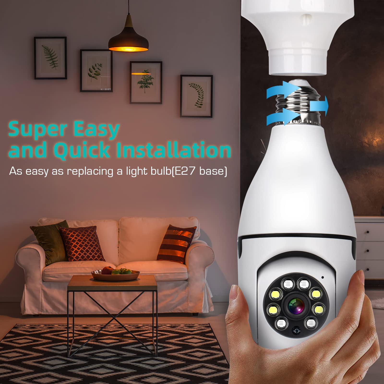 Ombsyej E27 Light Bulb Security Camera, 360 Degree Pan/Tilt Panoramic Bulb Camera,1080P Smart Home Surveillance Cam with Motion Detection Alarm Night Vision Two Way Talk