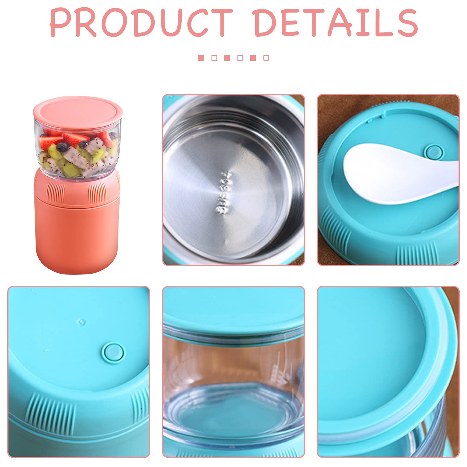 Yogurt Container with Lid and Spoon 2-Tier Cereal Cup,430 ml + 330 ml Cereal Cup Portable Leak-Proof Insulated Food Container Overnight Oats Containers Cereal Milk Cold Hot Food for Kids Adults