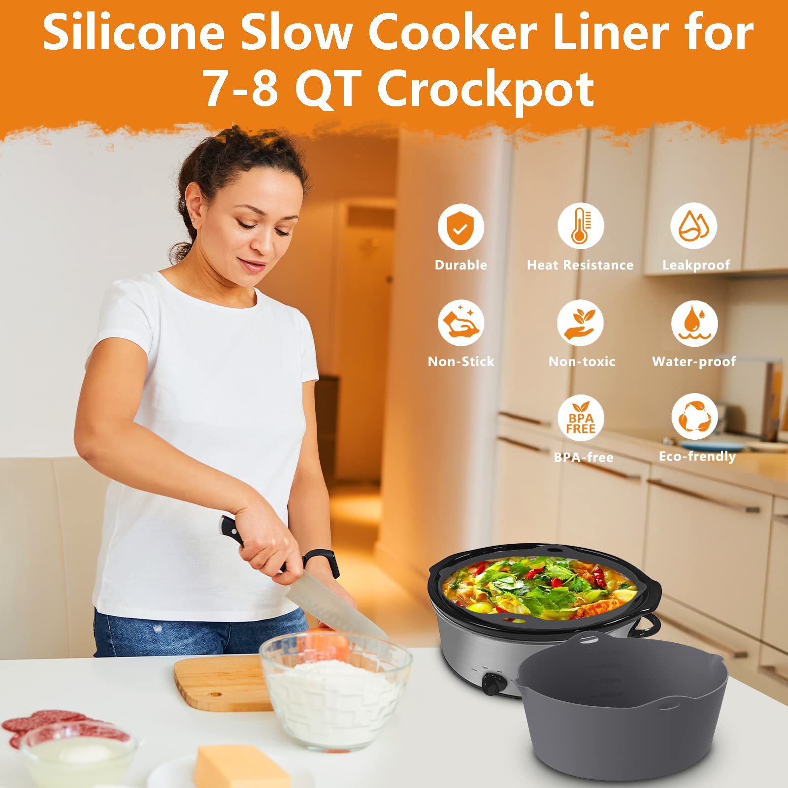 Slow Cooker Liners Fit Crockpots 7-8 Quart,Reusable Silicone Liner Insert for Crock Pot,Leakproof & Dishwasher Safe Cooking Liners for 7-8 QT Large Oval Crock-Pots(Grey)