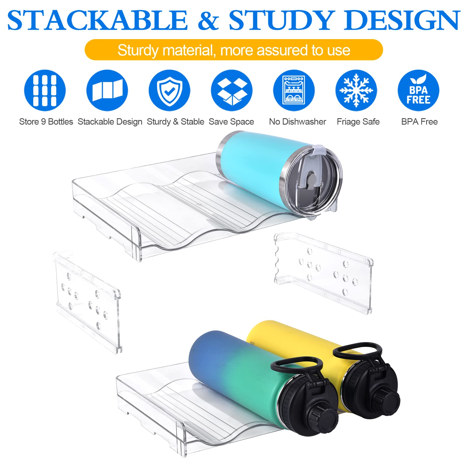 Yipaga Water Bottle Organizer for Cabinet, 3 Pack Stackable Kitchen Pantry Organization and Storage Shelves, Plastic Water Bottle Holder for Fridge Wine Drink Racks Tumbler Travel Mug Cup Organizer
