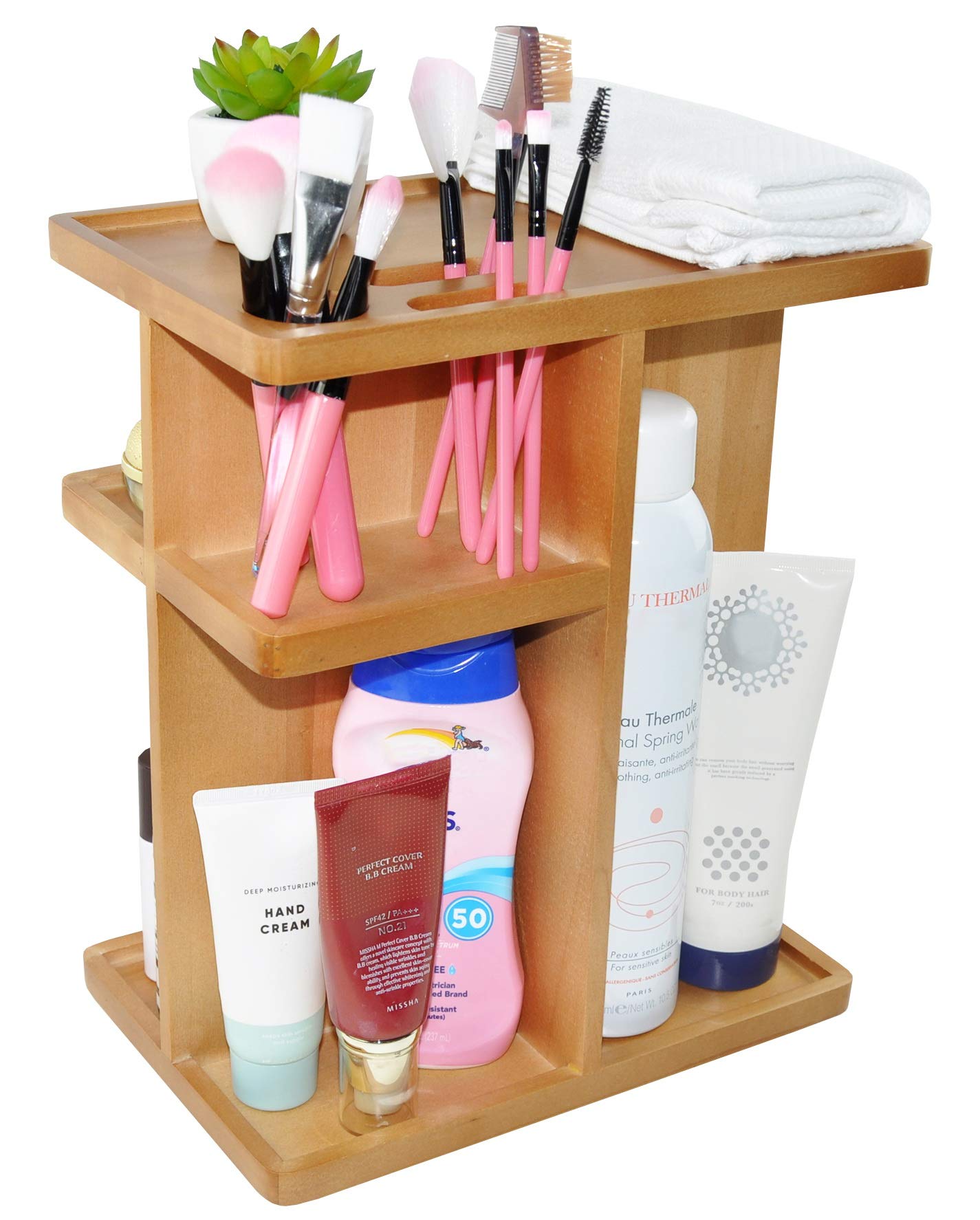 Spiretro Rotating Cosmetic Modular Organizer, Multi-Function Storage, 360 degree Carousel for Makeup, Toiletries, Vanity, Desk, Countertop, Bedroom, Closet, Solid Natural Wood with Acacia Brown