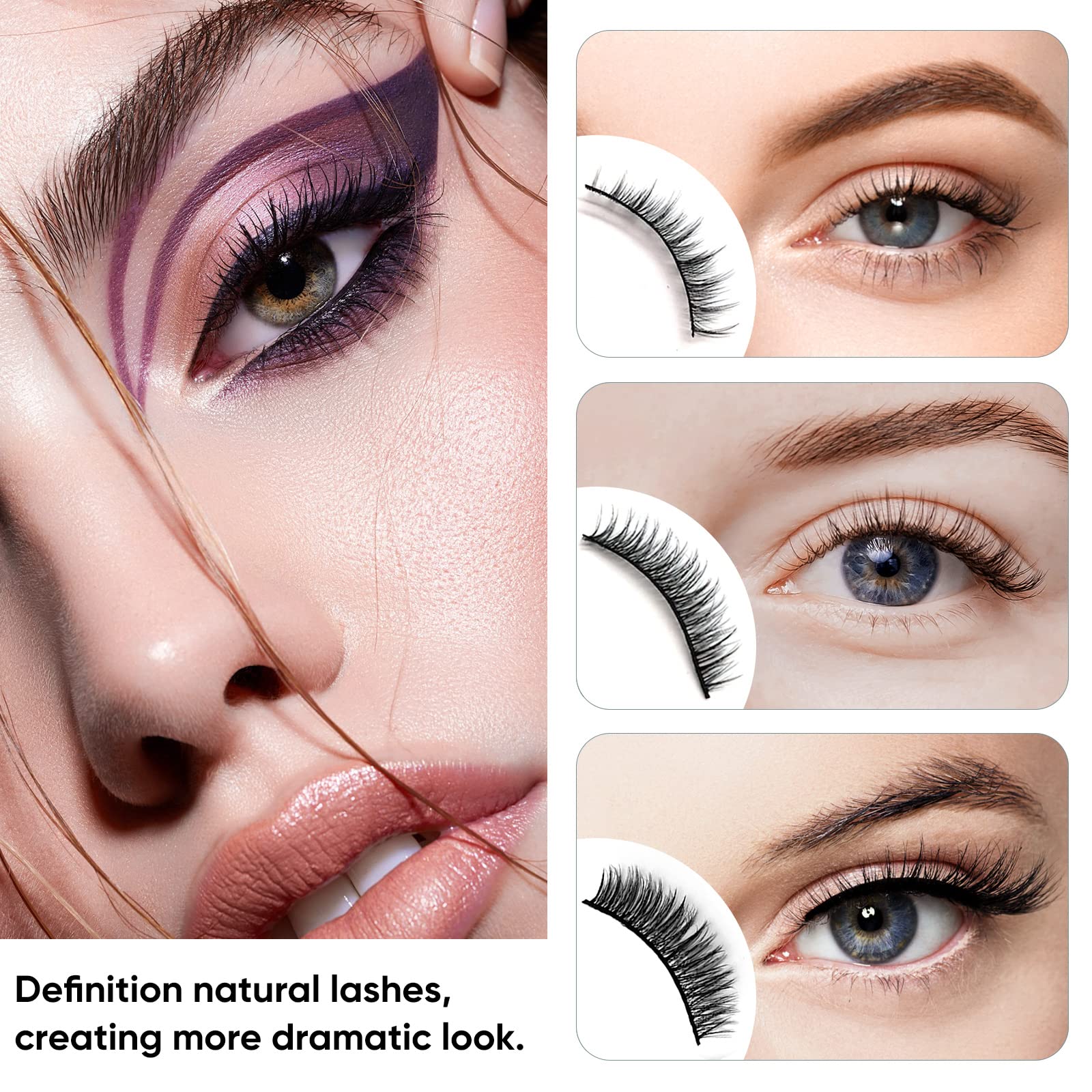 Self Adhesive Eyelashes, 3 Pairs Reusable Adhesive Eyelashes without Eyeliner and Glue, Waterproof False Eyelashes Three Different Types Natural Look for Makeup Easy to Put on