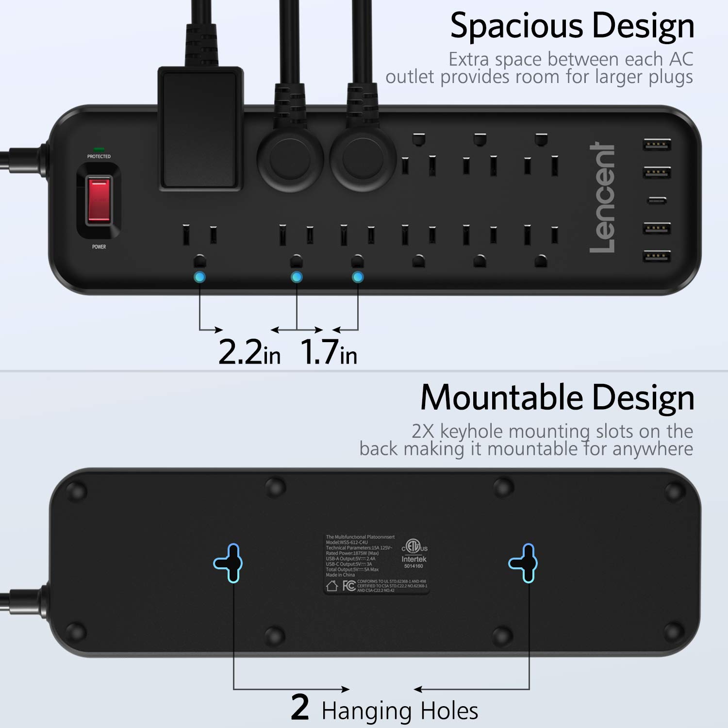 Power Strip, LENCENT Surge Protector with 12 Outlets & 5 USB Ports(4 USB-A & 1 USB-C), 6Ft Extension Cord (1875W/15A,3600J), Overload Protection, Mountable Flat Plug Power Bar Heavy Duty- ETL Listed