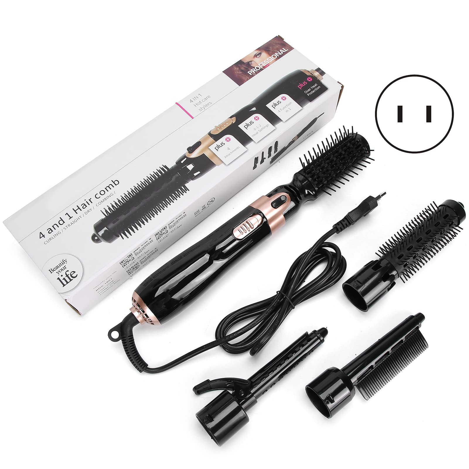 Multifunction Automatic Hair Curler Curling Iron, 4 Replaceable Heads 2 Temperature Ceramic Heating with Ergonomic Handle and 360° Rotating Cord for Easy Travel (US Plug 110v)