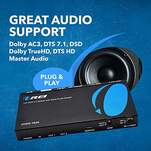 OREI 1x2 2.0 HDMI Splitter with Scaler Audio Extractor 2 Ports with Full Ultra HDCP 2.4K at 60Hz & 3D Supports EDID Control - UHDS-102A